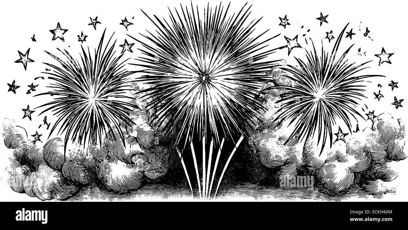 Vintage black and white fireworks engraving for celebration and holiday ...