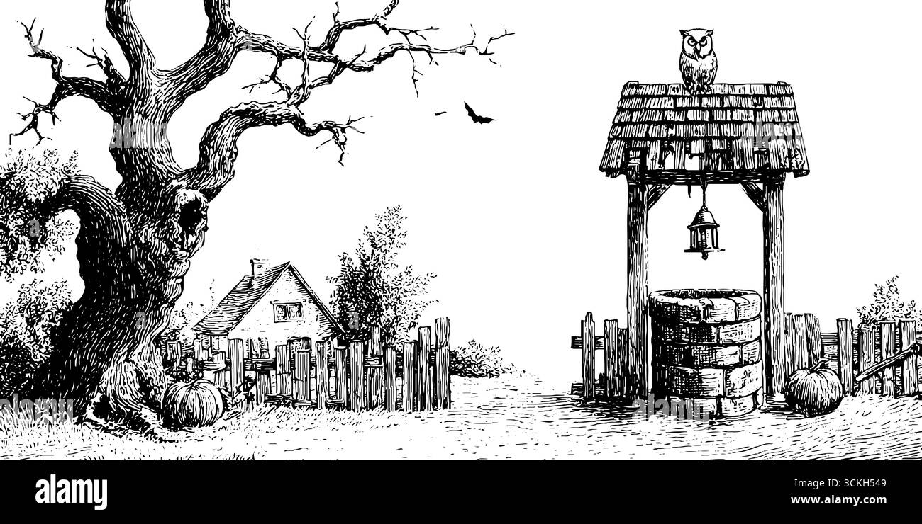 Autumn haunted village scene with abandoned house and owl silhouette ...
