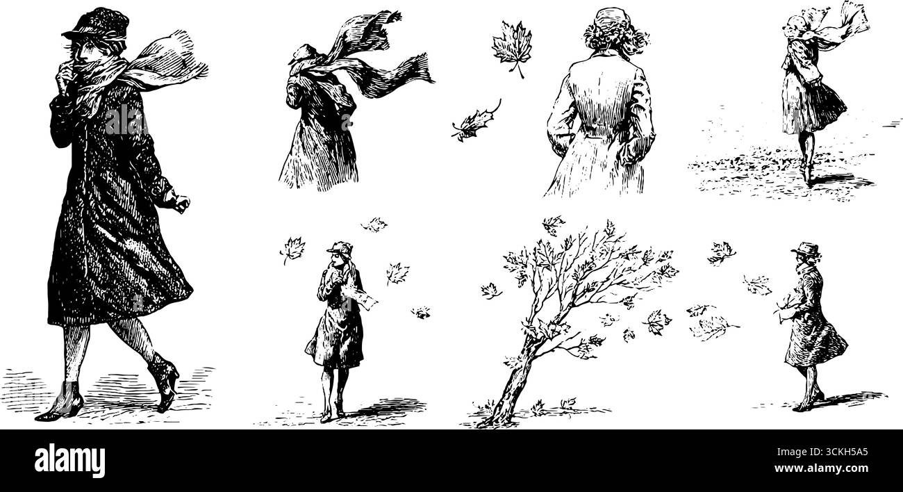 Autumn windy day with flying leaves – vintage hand-drawn illustration ...