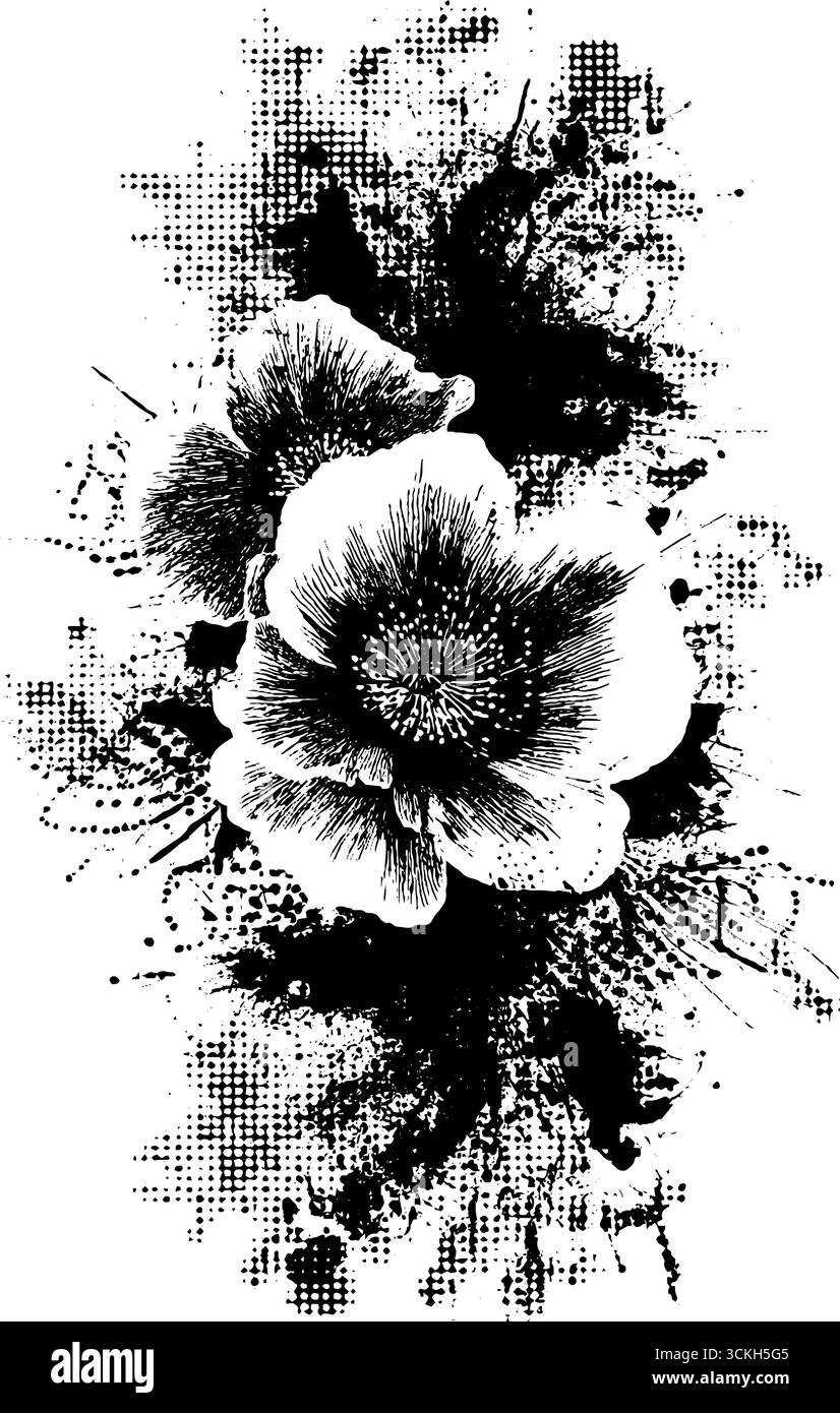 High contrast floral stencil art with ink splatter grunge effect for ...