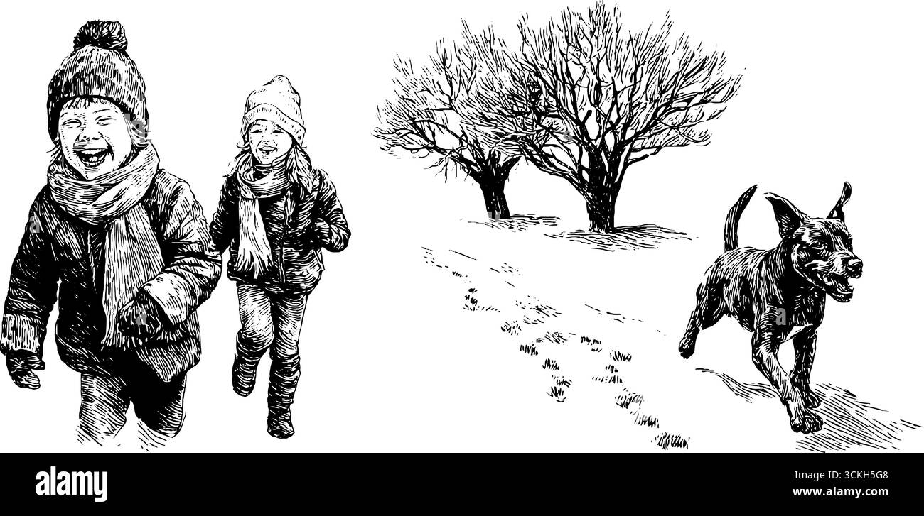 Winter set children in Black and White Stock Photos & Images - Alamy