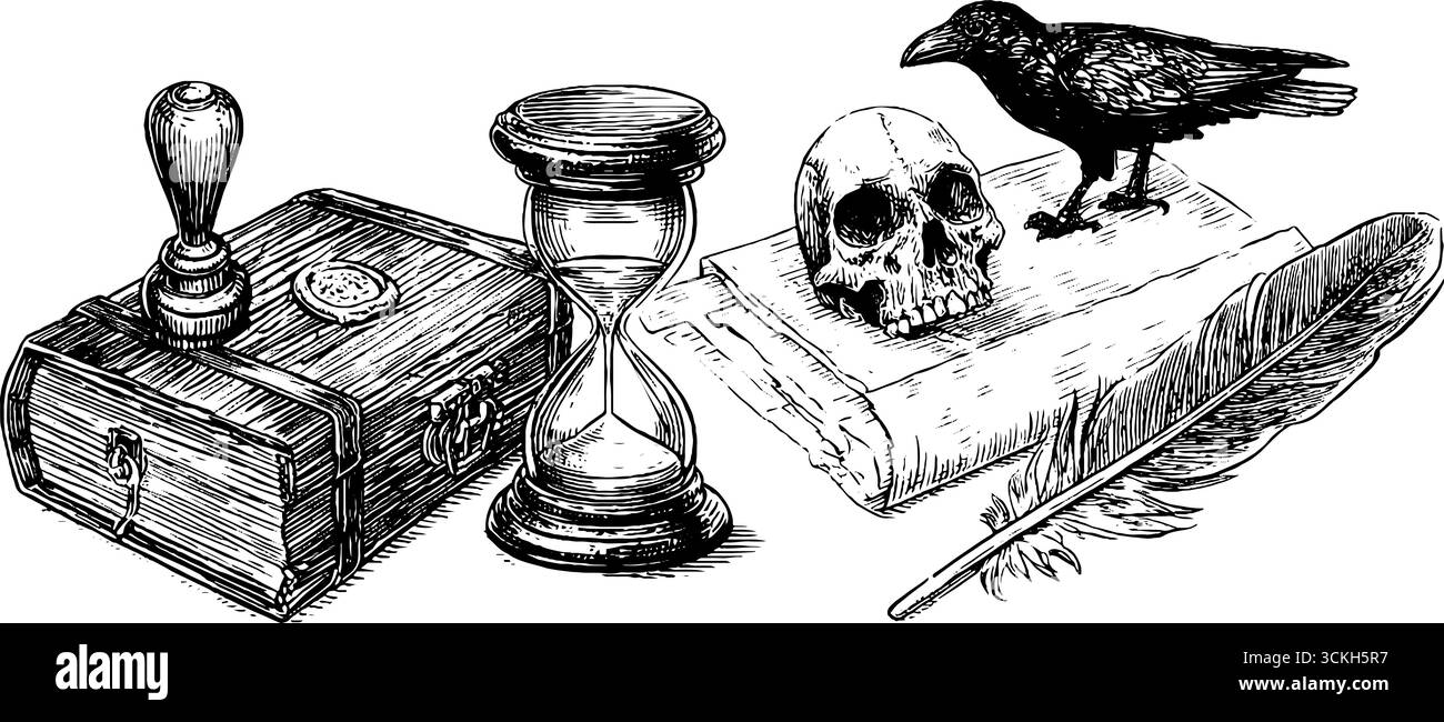Occult antiquities: vintage set of ancient finds with chest, skull ...