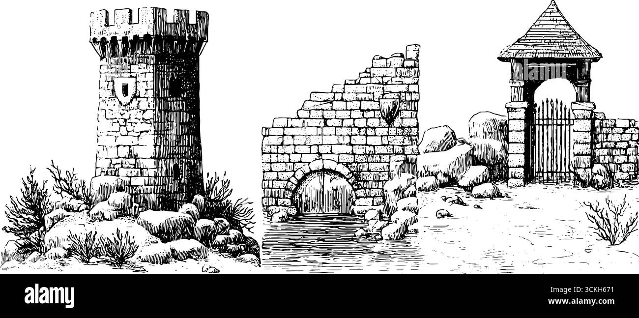 Medieval winter stone tower and gate sketch collection for design Stock ...
