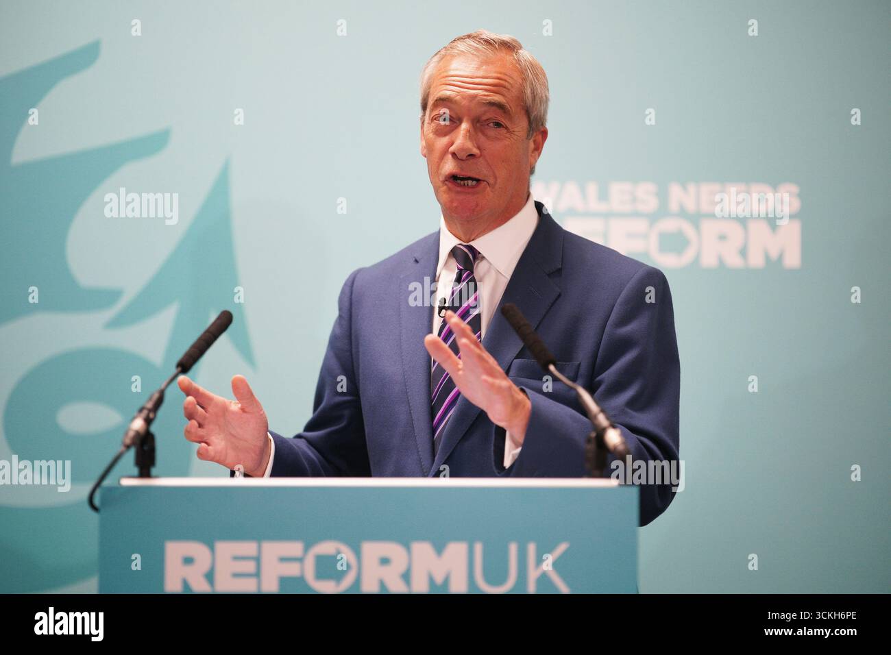 Reform UK leader Nigel Farage during a press conference in Caerphilly ...