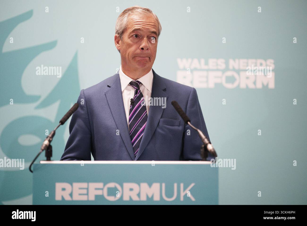 Reform UK leader Nigel Farage during a press conference in Caerphilly ...