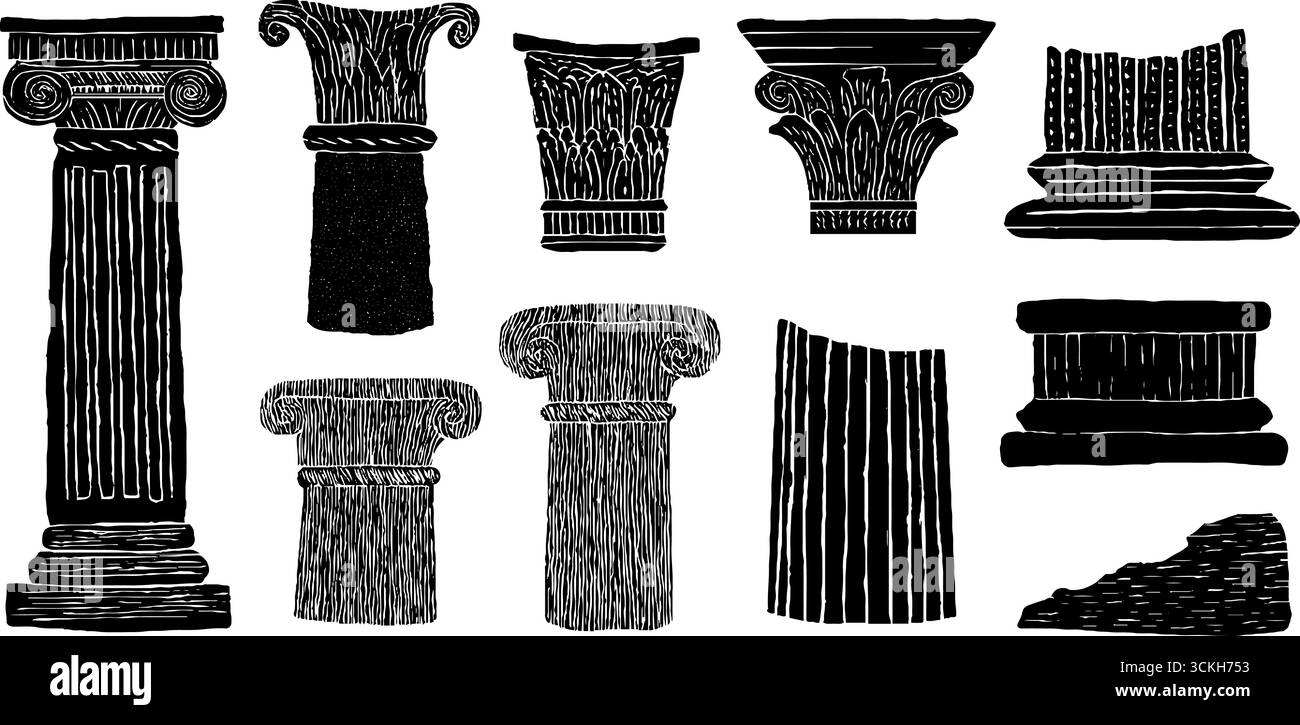 Ancient columns linocut design set featuring doric and ionic elements ...