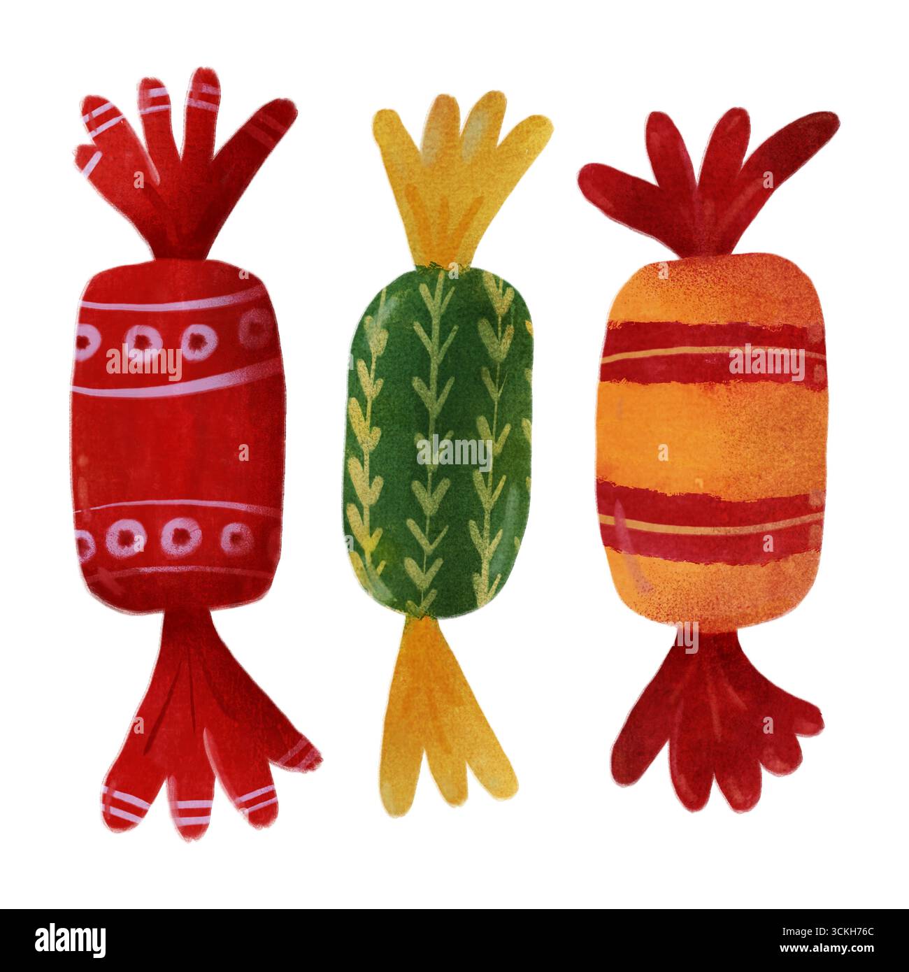 Cute hand-drawn set of three colorful candies with red, green, and ...