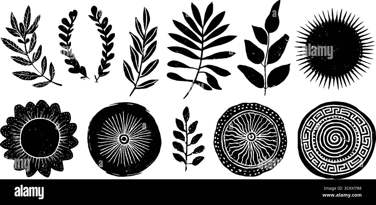 Ancient linocut symbols set featuring laurel wreath and sun motifs for ...