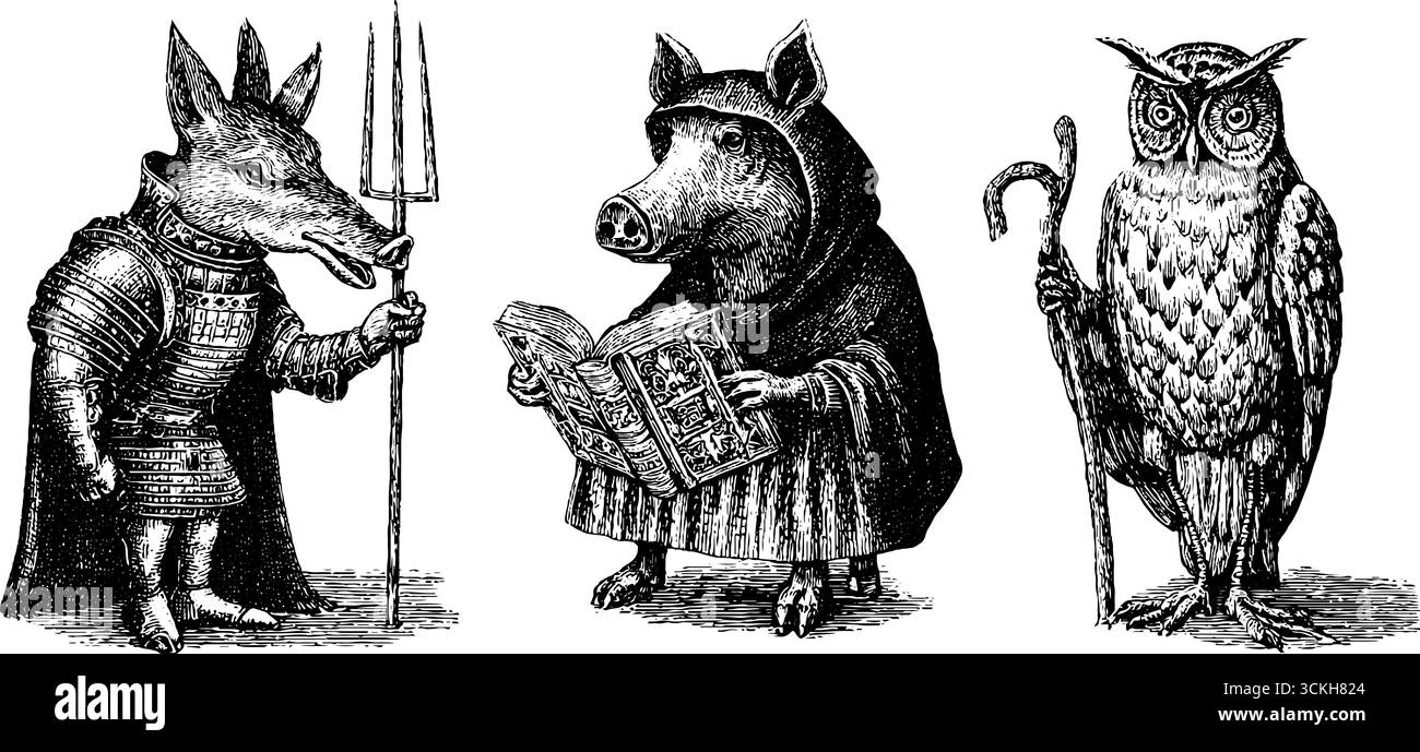 Medieval animal illustrations set featuring knight wolf, scholar boar ...