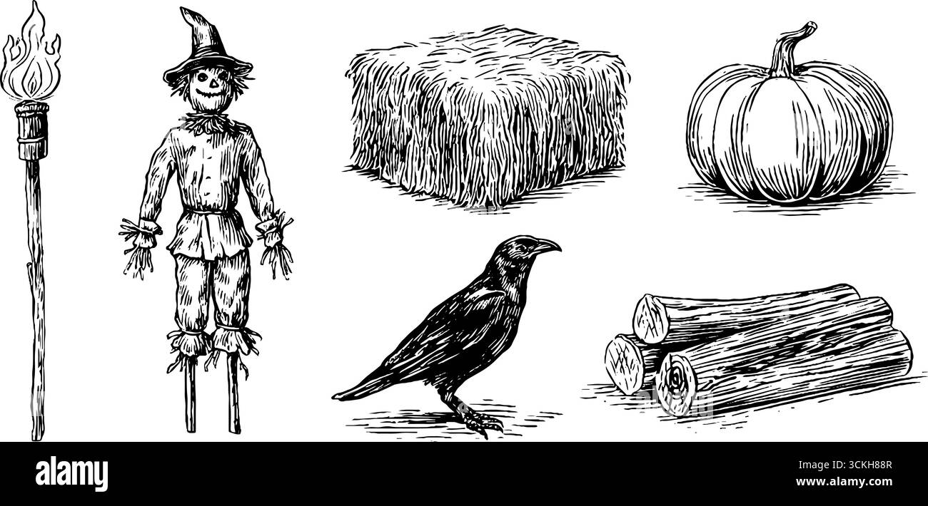 Rural halloween themes with scarecrow, hay, and pumpkins for seasonal ...