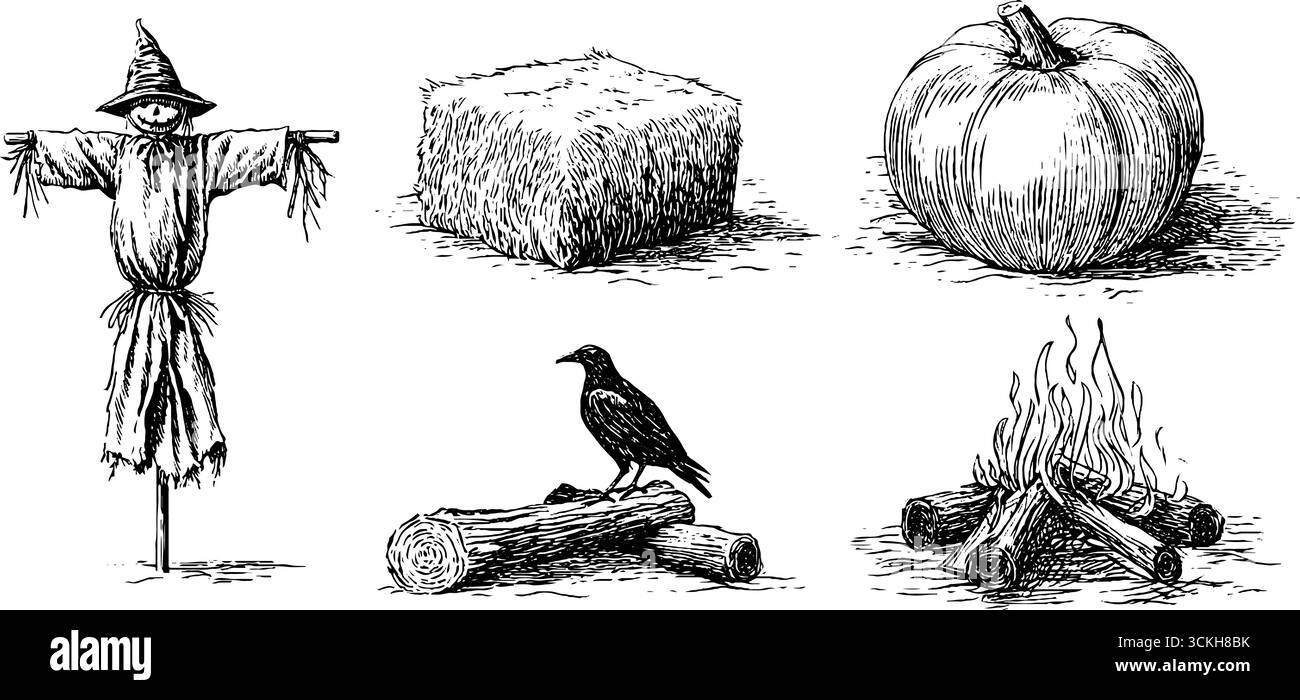 Rural halloween illustration set featuring scarecrow, hay bale, pumpkin ...