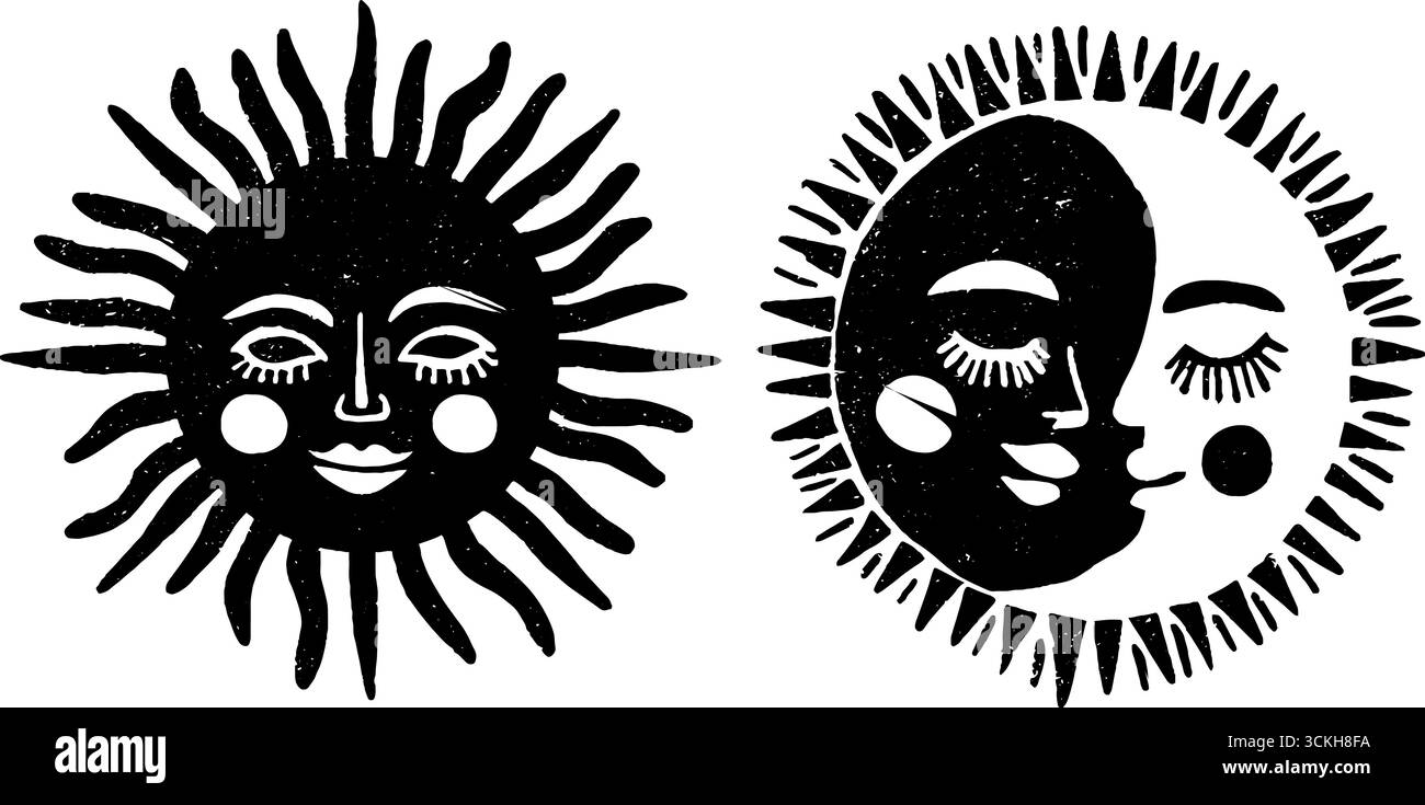 Linocut duality symbols of sun and moon - celestial design for boho and ...