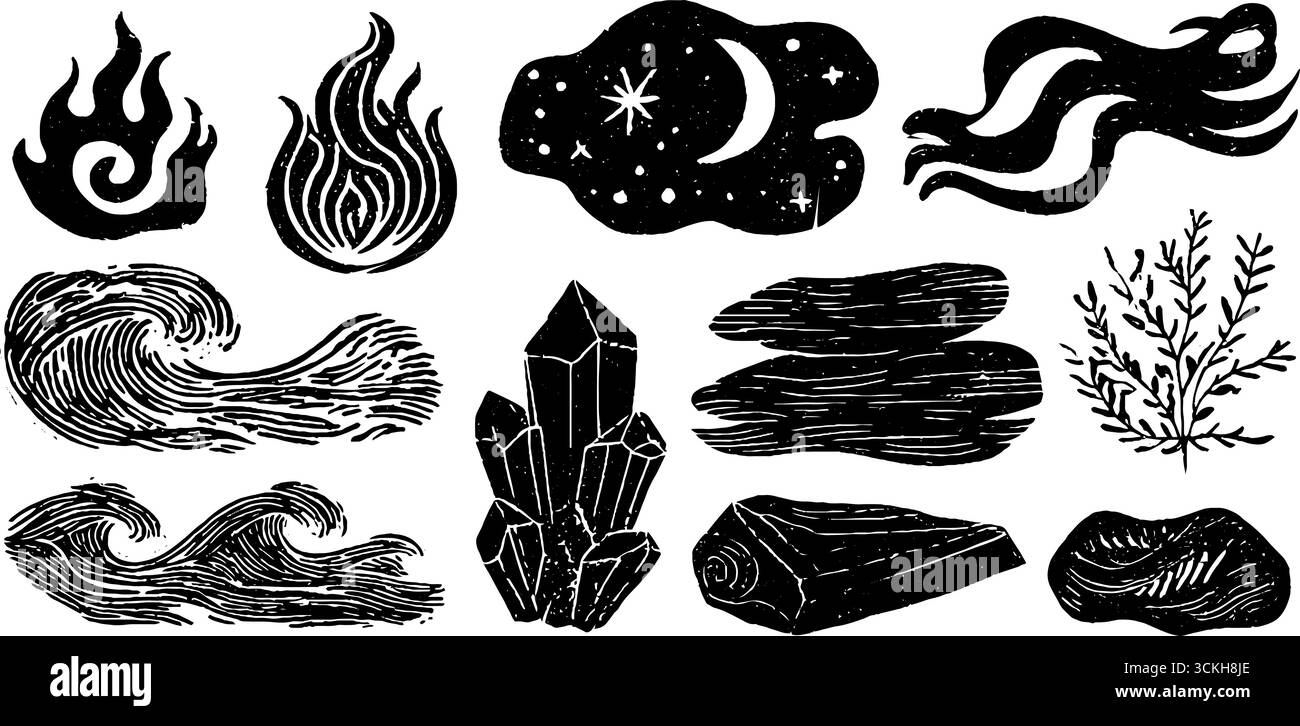 Elemental fusion linocut collection featuring fire, water, and ...