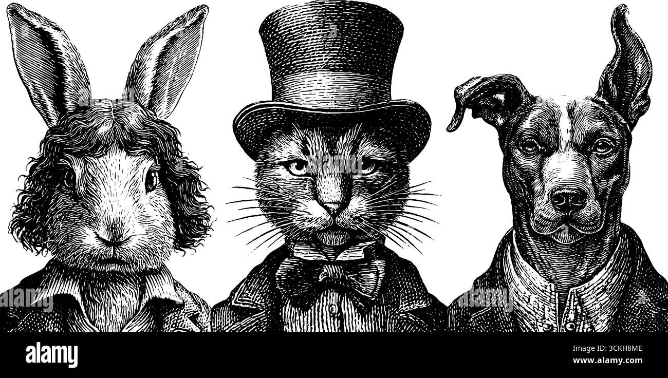 Victorian animal portraits: rabbit, cat, and dog in formal attire Stock ...