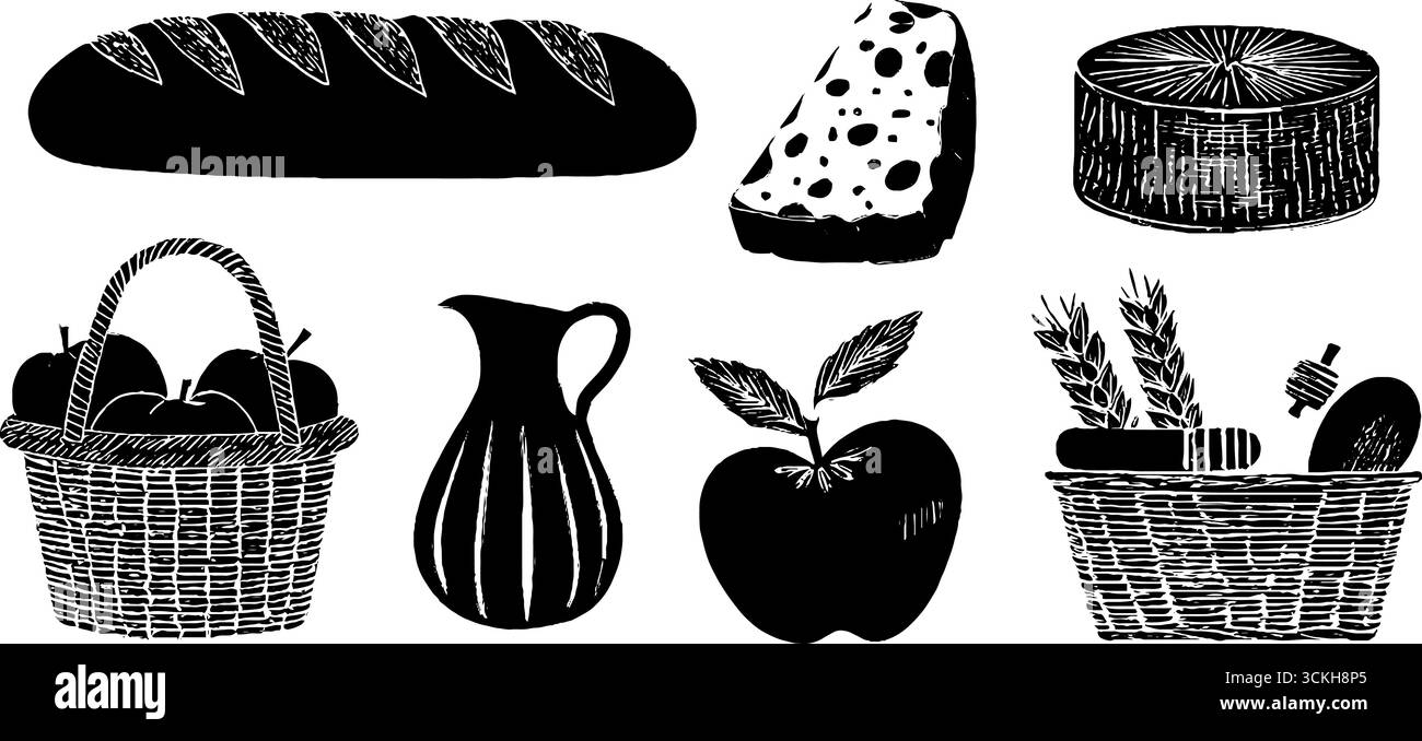 Rustic farm produce linocut icons set featuring bread, cheese, and ...