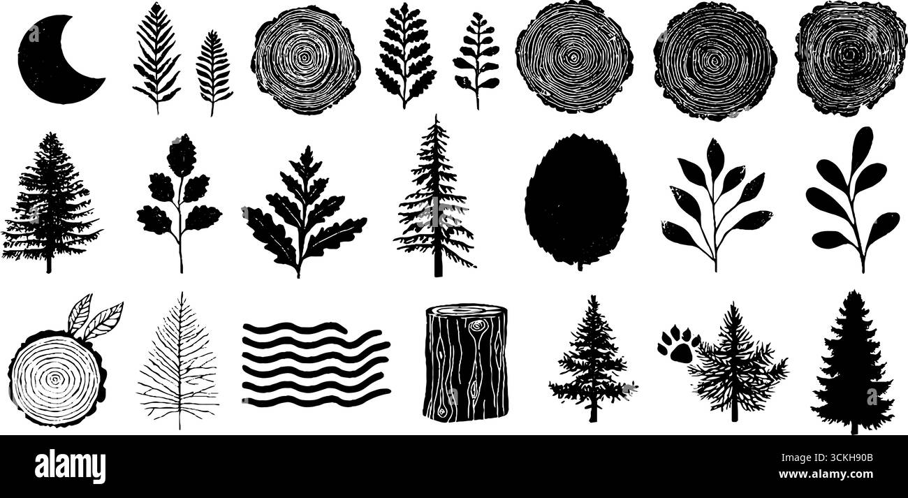 Rustic forest symbols collection with linocut style featuring tree ...