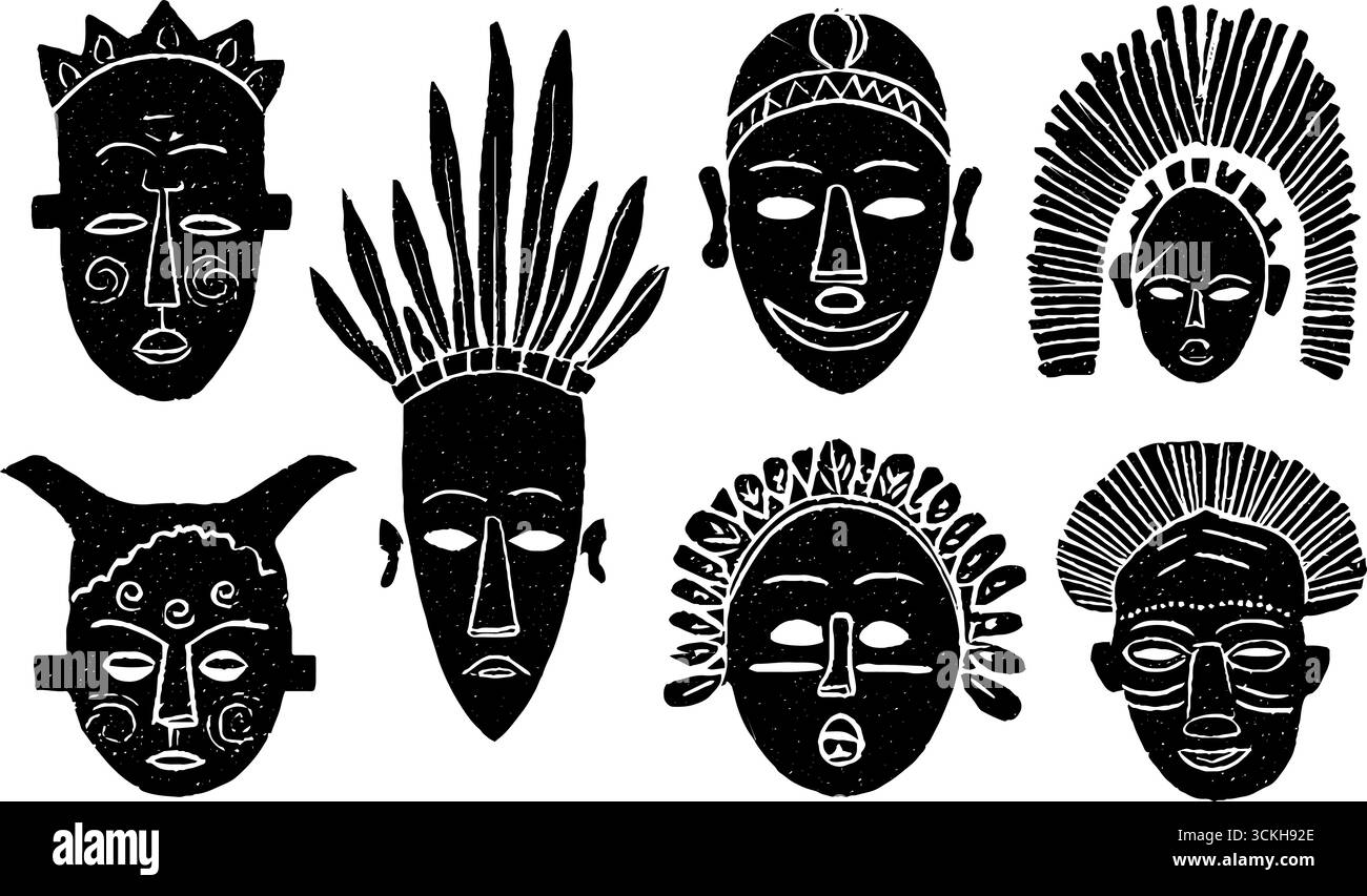 Linocut african masks collection featuring dogon and baule designs for ...