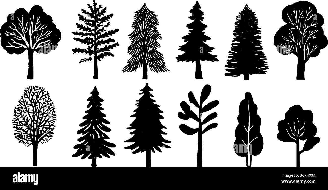 Linocut woodland trees collection with oak birch pine fir and maple for ...