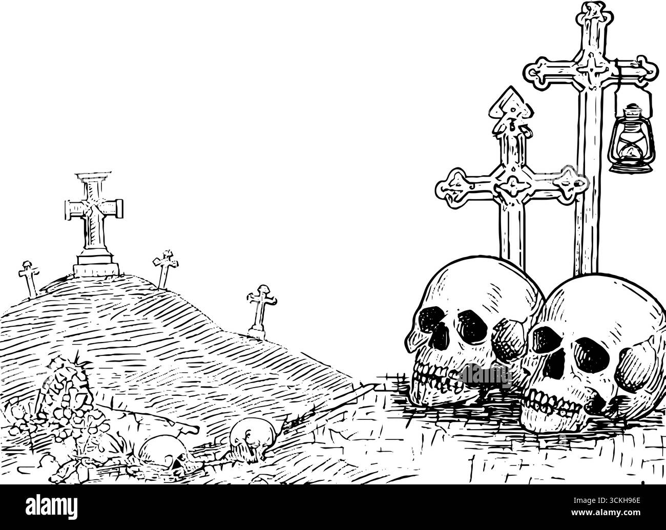 Vintage halloween cemetery scene with skulls and crosses for poster or ...