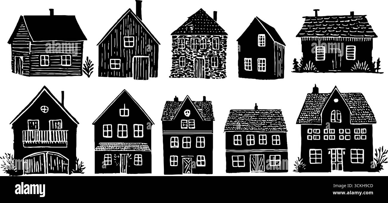 Rustic village houses collection featuring wooden huts and stone homes ...