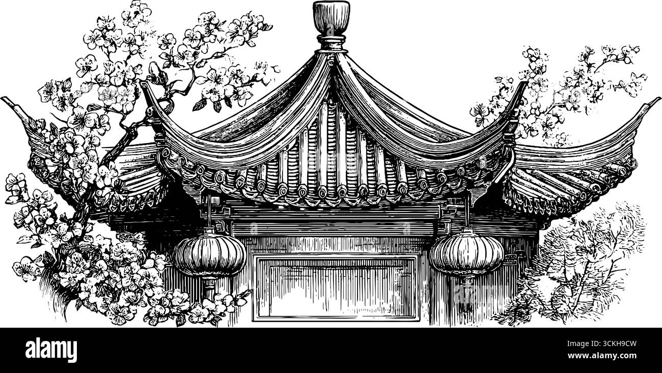 Detailed vintage engraving of traditional asian architecture with ...