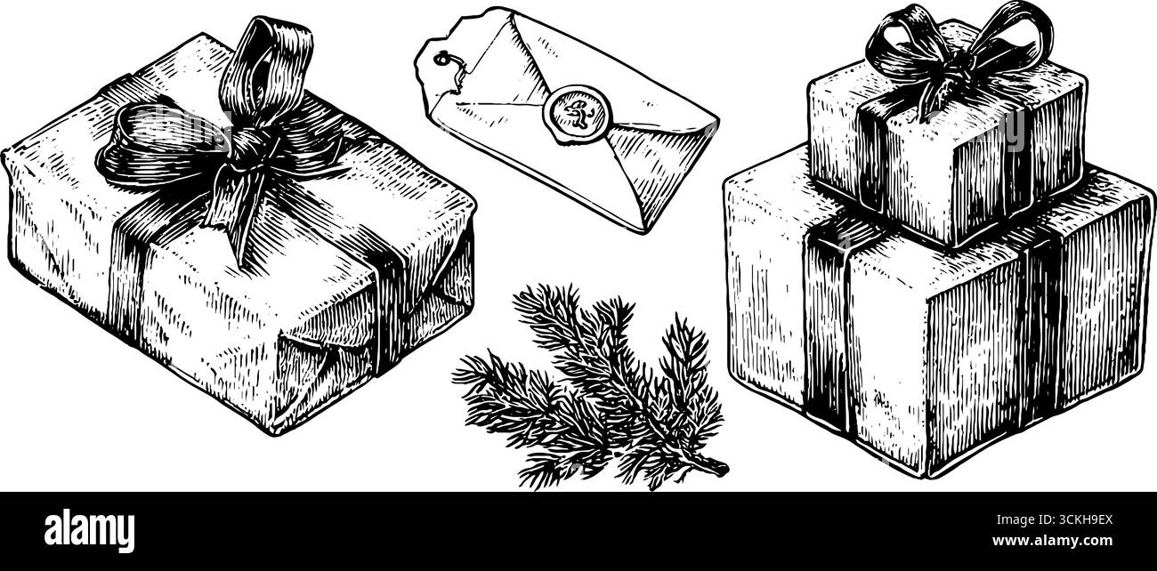 Parcels tied with ribbon Black and White Stock Photos & Images - Alamy