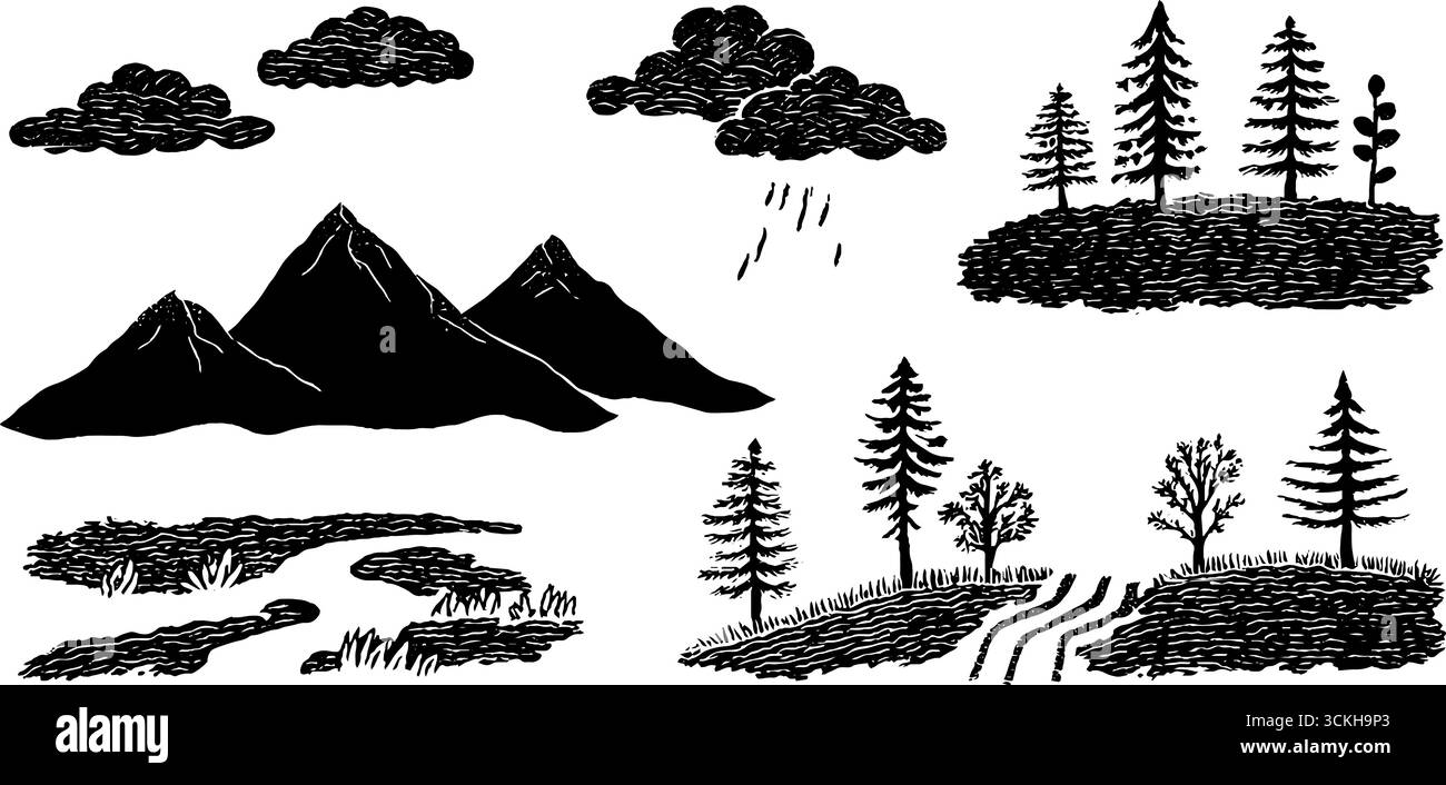 Scenic linocut landscape set with mountain range and river bend design ...