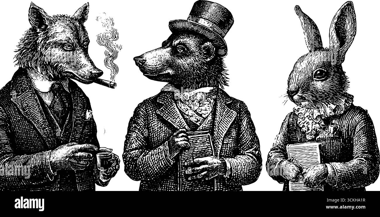 Anthropomorphic animals in victorian attire - vintage black and white ...