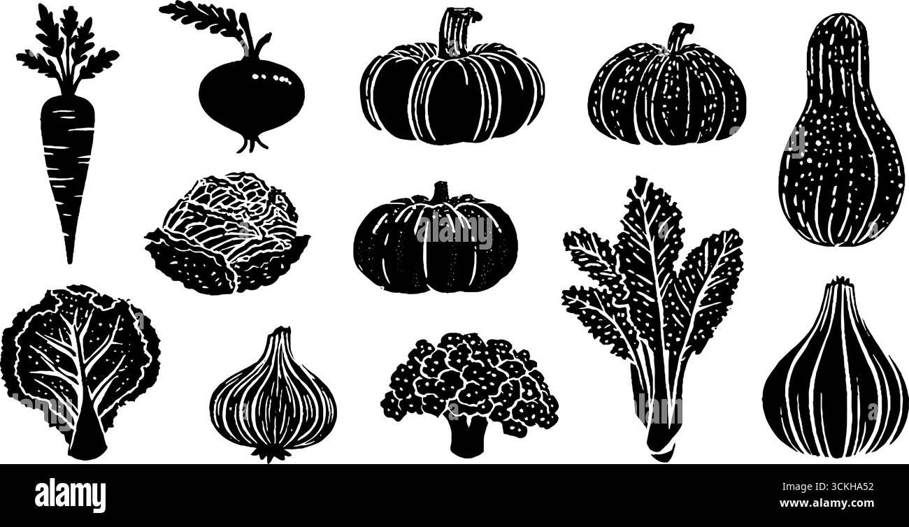 Rustic vegetable linocut collection with carrot, beetroot, onion for ...