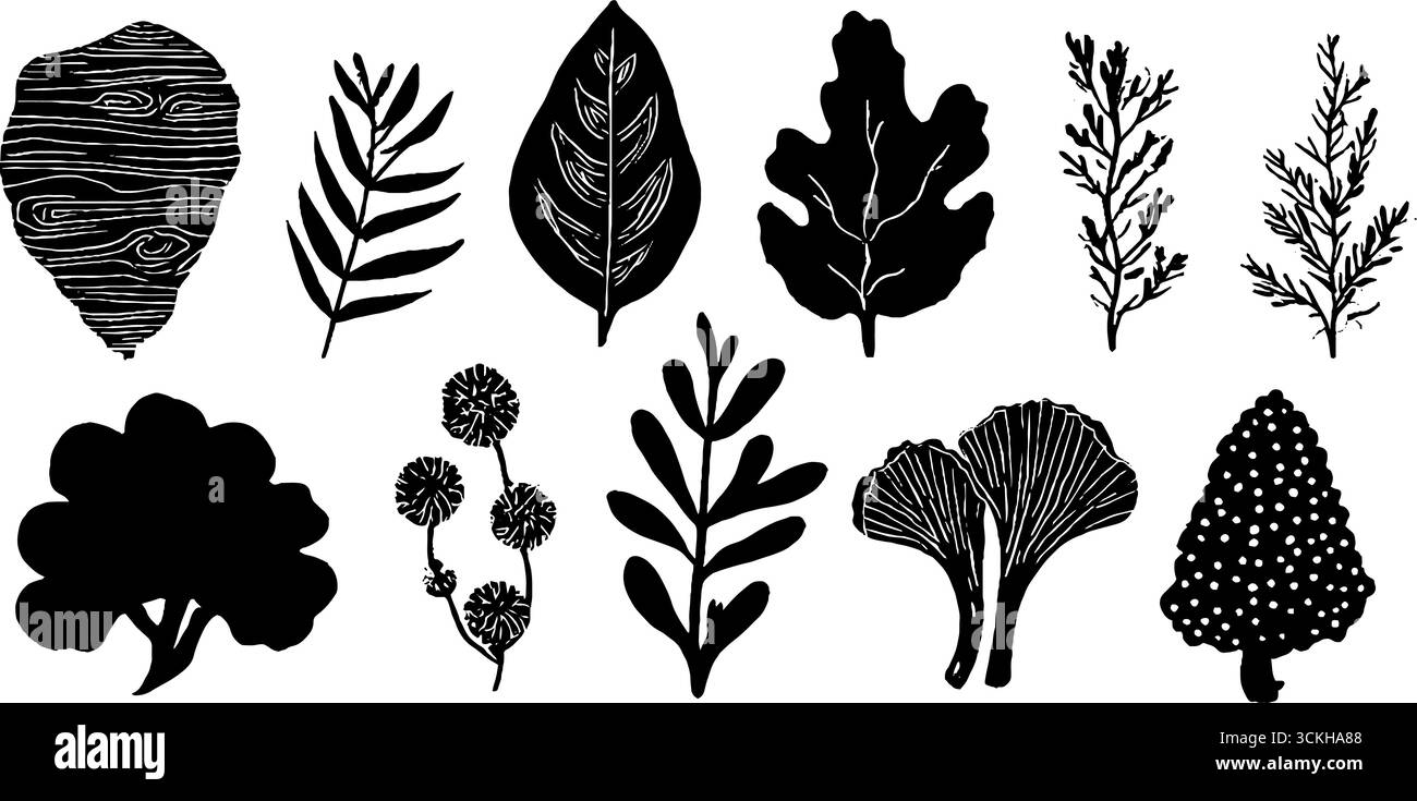 Natural linocut textures collection with wood grain and stone patterns ...