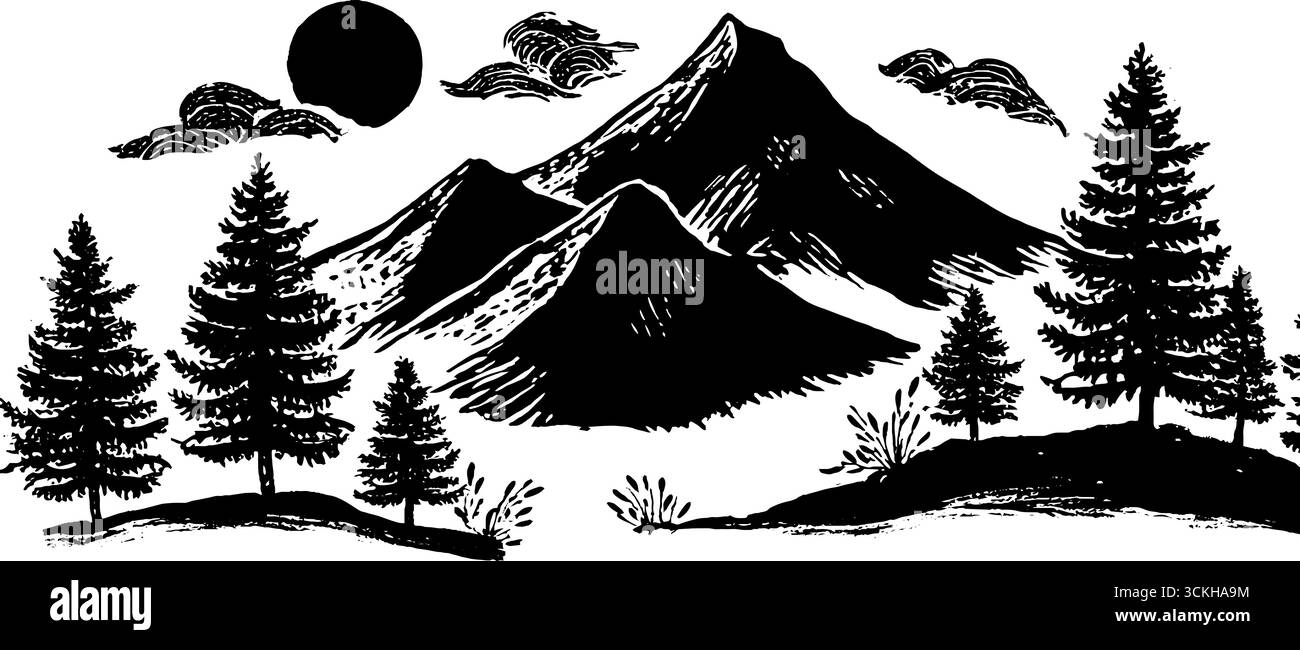 Linocut mountain seamless pattern with peaks and ridges for nature ...