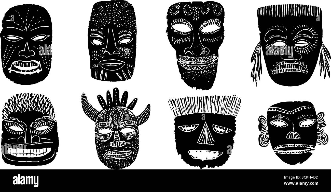 Linocut oceanic masks collection featuring melanesian designs for ...