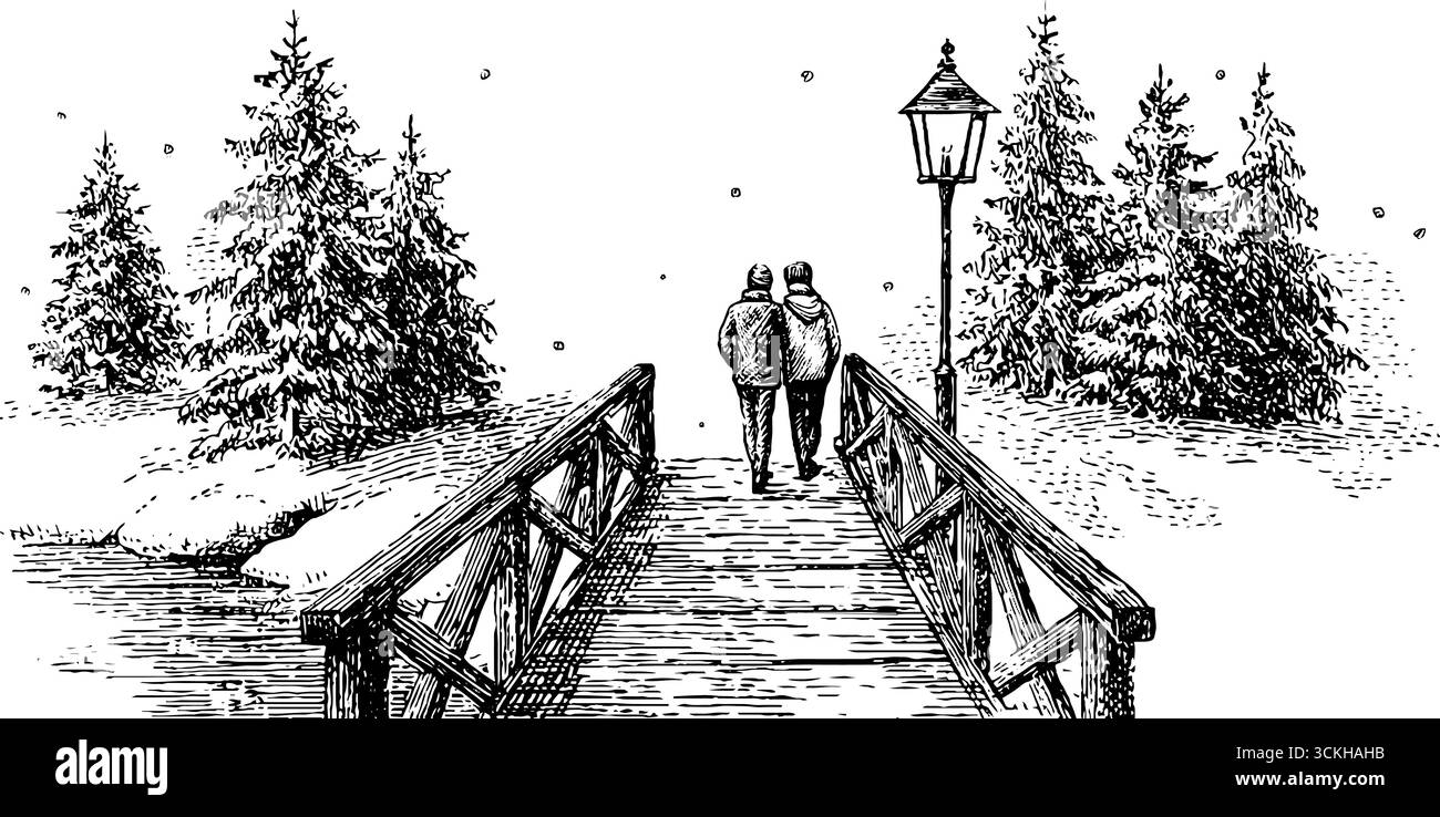 Winter scene of teen couple on snowy bridge in hand drawn style Stock ...