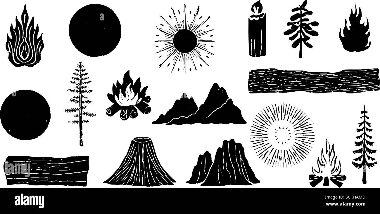 Rustic linocut fire elements set: flames, torch, campfire, and woodland ...