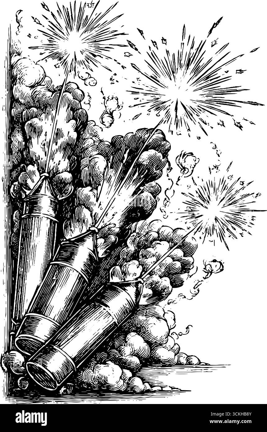 Vintage fireworks display with explosive bursts and smoke in black and ...