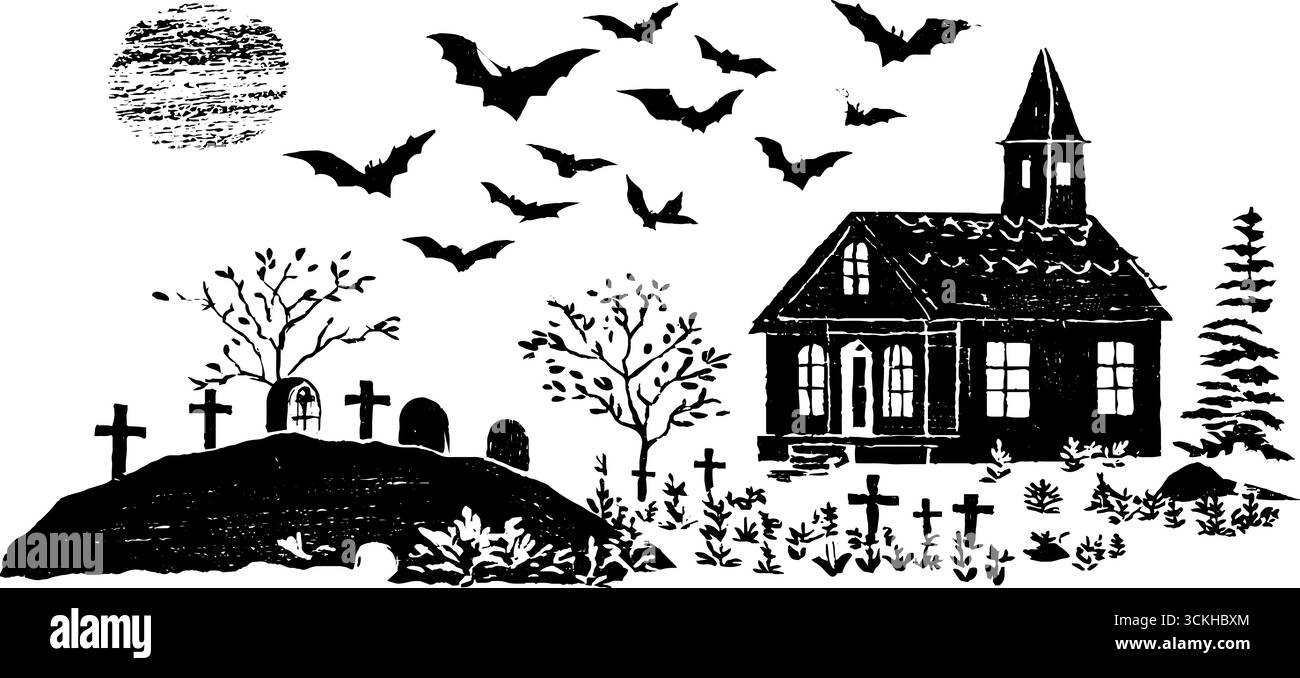 Spooky halloween scene with haunted house and flying bats linocut ...