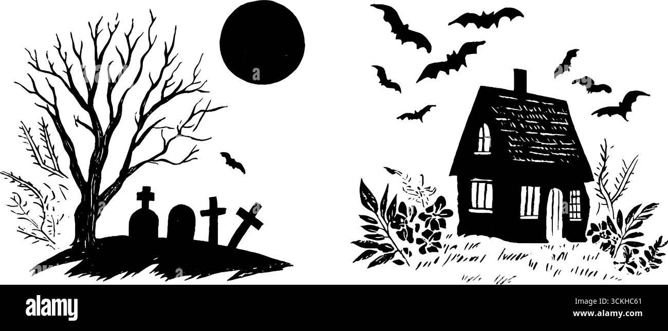 Halloween night scene with haunted house and bats in linocut style for ...