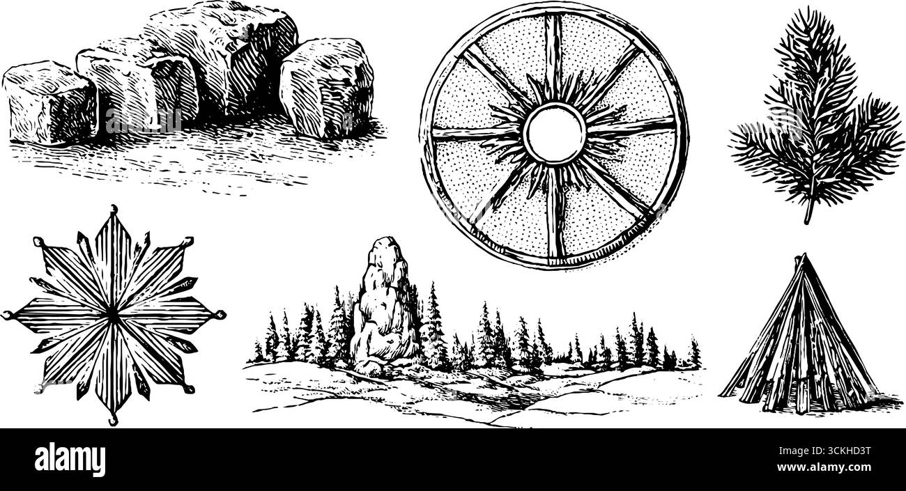 Pagan winter solstice elements collection: stone circles, sun wheels ...