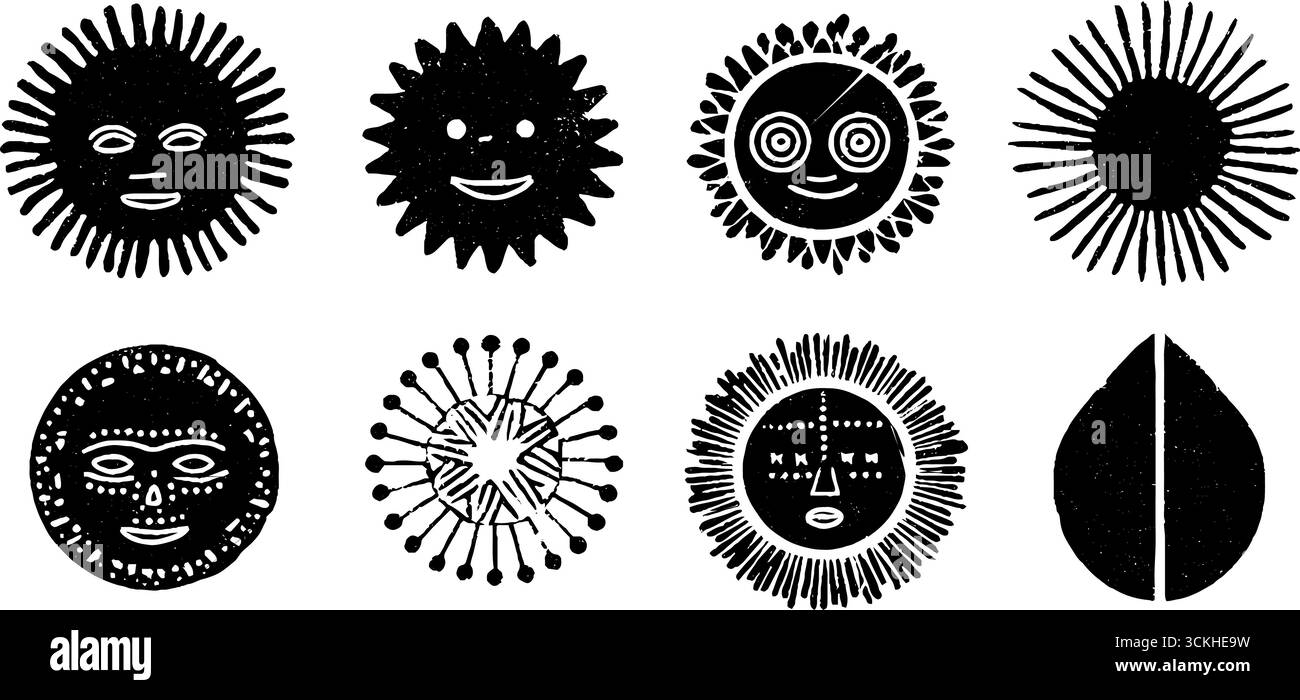 Tribal inspired linocut african masks with sun disc theme for cultural ...