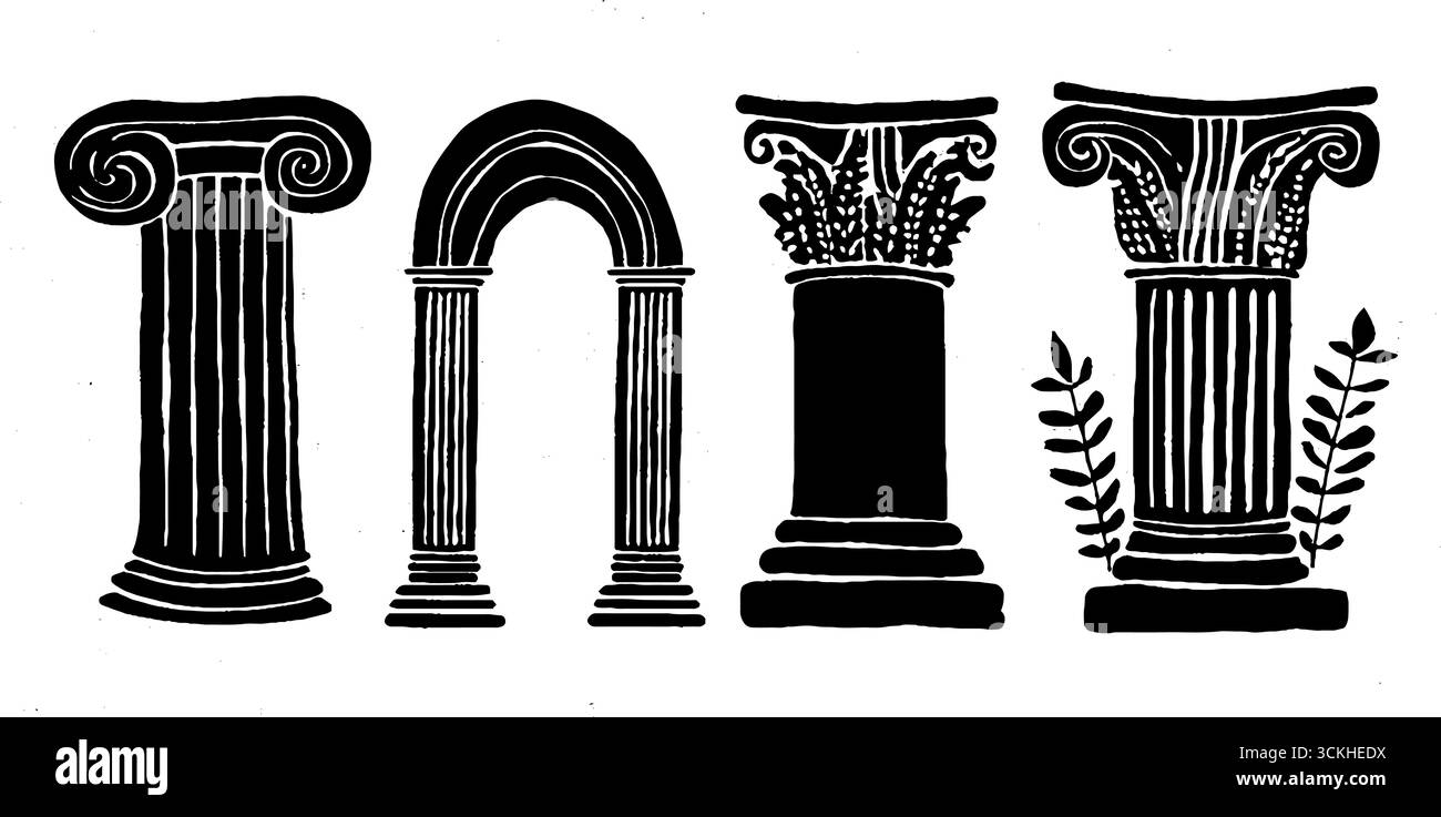 Classic architectural linocut design featuring doric and corinthian ...