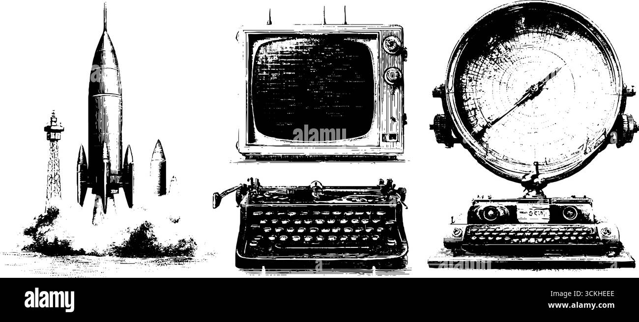 Cold war era engraving collection with rocket, television, typewriter ...