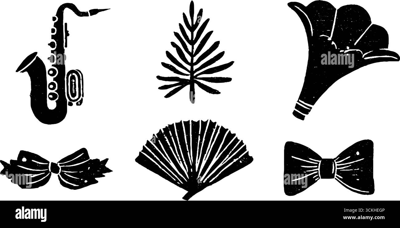 Art deco linocut icons set featuring saxophone and gramophone for ...
