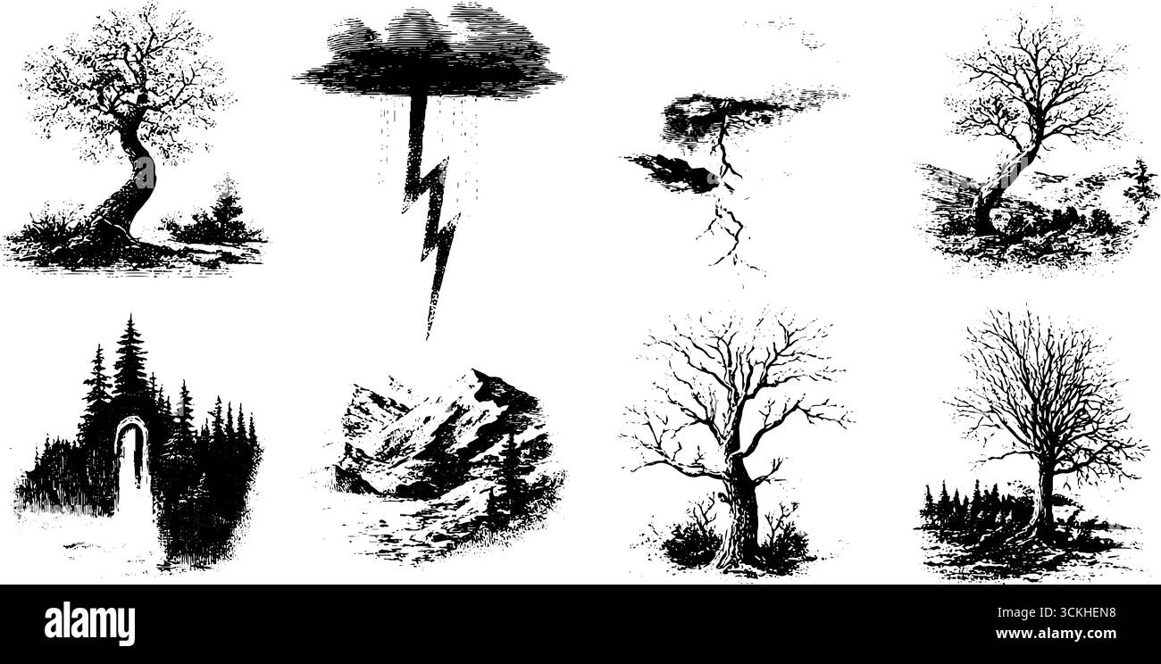 Autumn storm scene with lightning and trees collection for art and ...