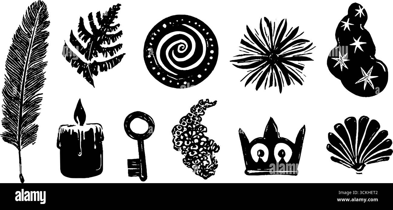 Rustic linocut icons set featuring candle, feather, key, and lock for ...
