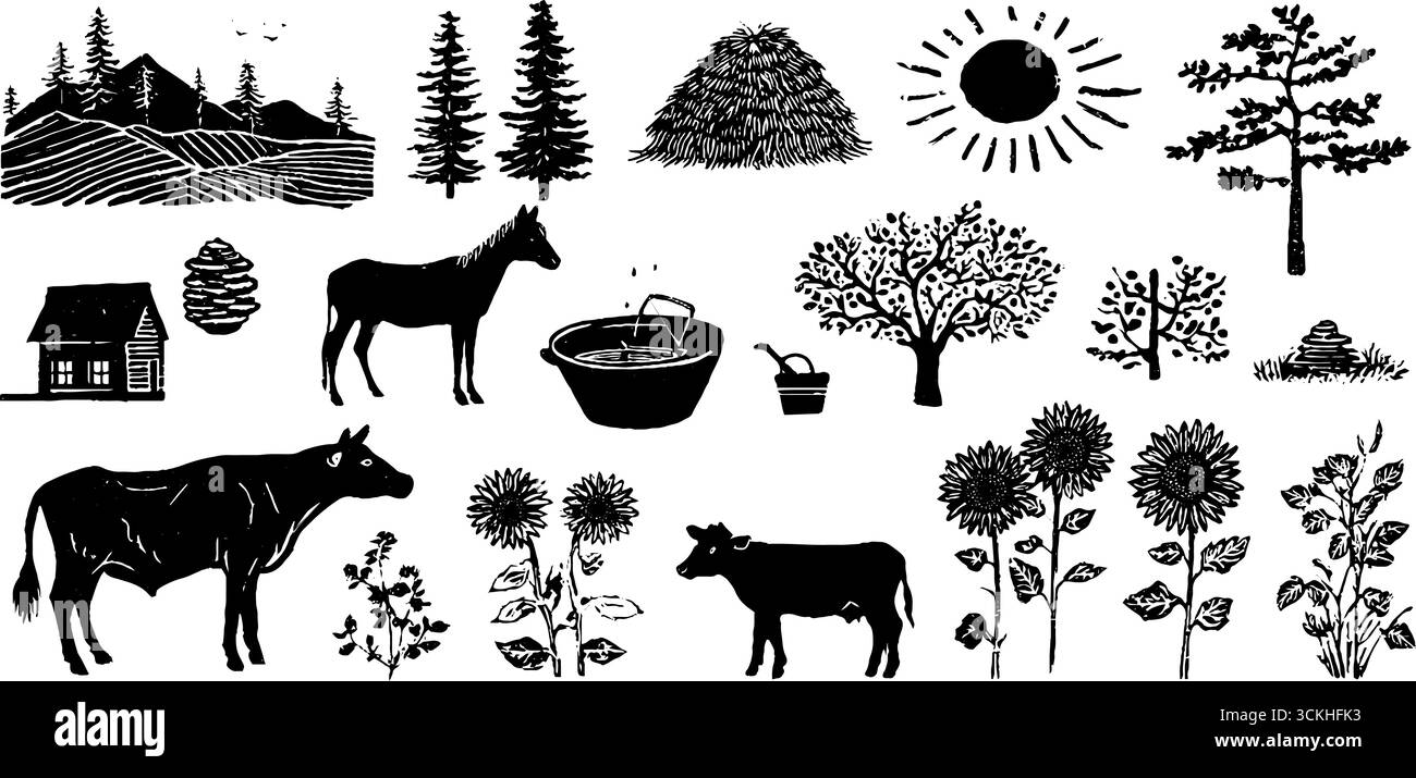 Rustic summer village collection with linocut farm elements – trees ...