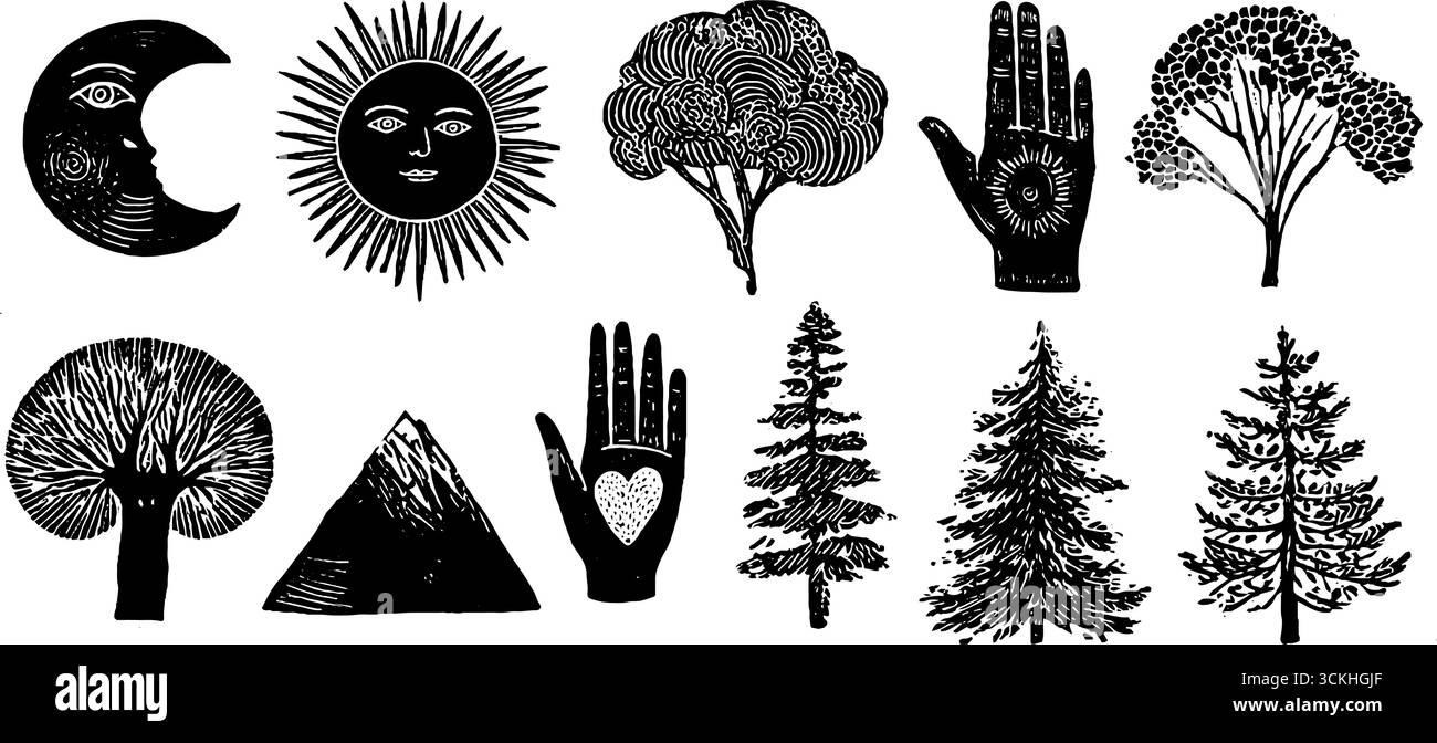 Linocut duality and nature symbols: sun, moon, hands, trees, and ...
