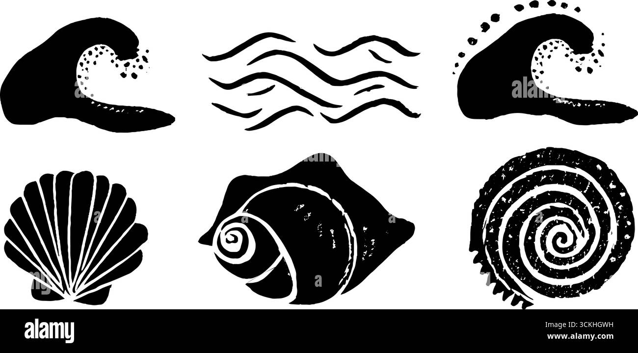 Nautical seamless pattern with linocut waves and shells for design and ...