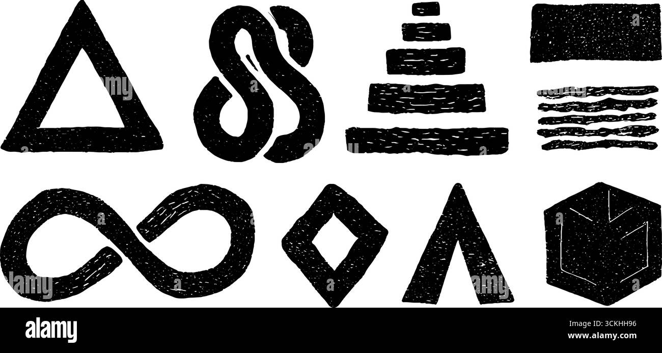 Linocut paradox symbols collection featuring impossible triangle and ...