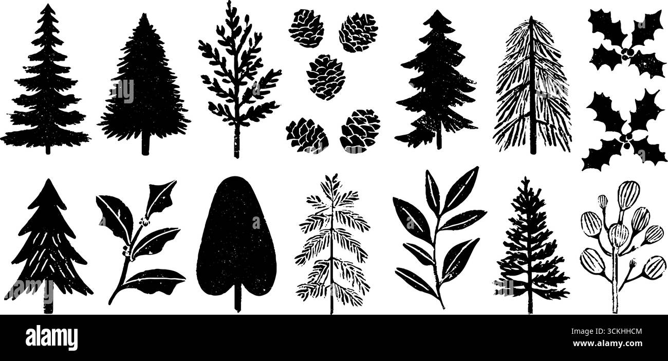 Linocut forest pattern with pine and fir trees for woodland design ...