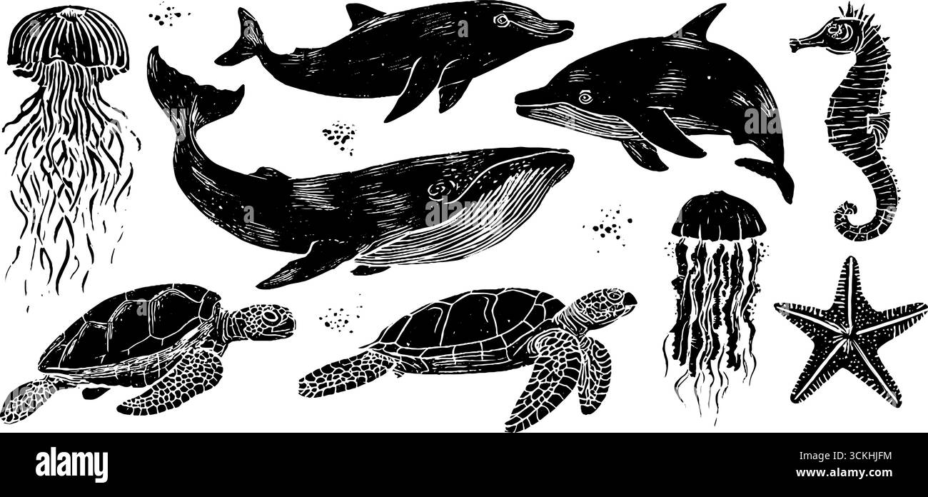 Linocut marine animals collection featuring dolphin, whale, and ...